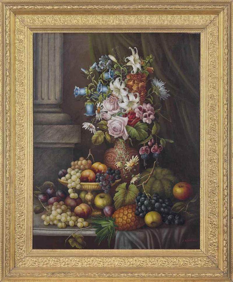 Edwin Steele | Flowers in a vase, grapes, pineapple, apples, and plums ...