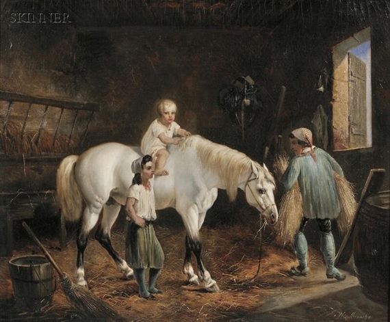 Louis-Claude Malbranche | Stable View with Horse and Three Figures ...