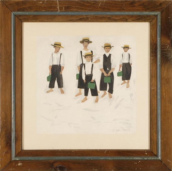 Richard E. Howard | Five barefoot Amish boys holding green pails ...