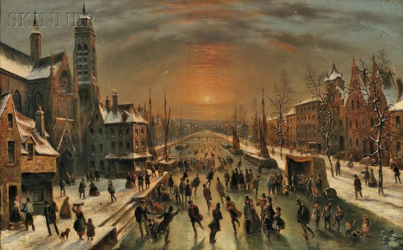 Louis-Claude Malbranche | City Scene With Skaters On A Canal At Dusk ...