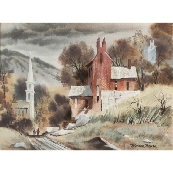 Edward Becker | rural road with church | MutualArt