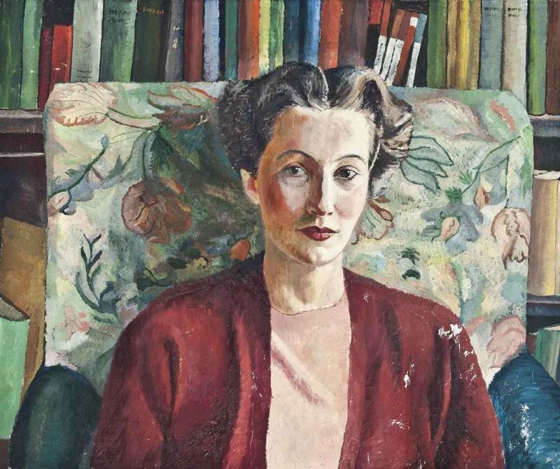 David Rolt | Portrait of a lady in red, in a library | MutualArt