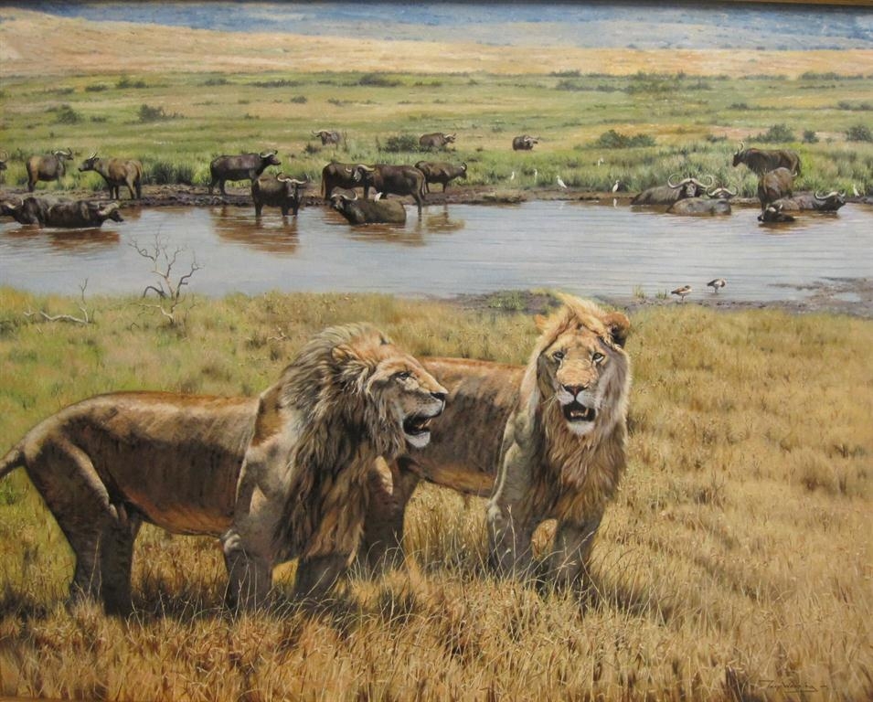 Tony Wooding | Lions and buffalo by a River | MutualArt