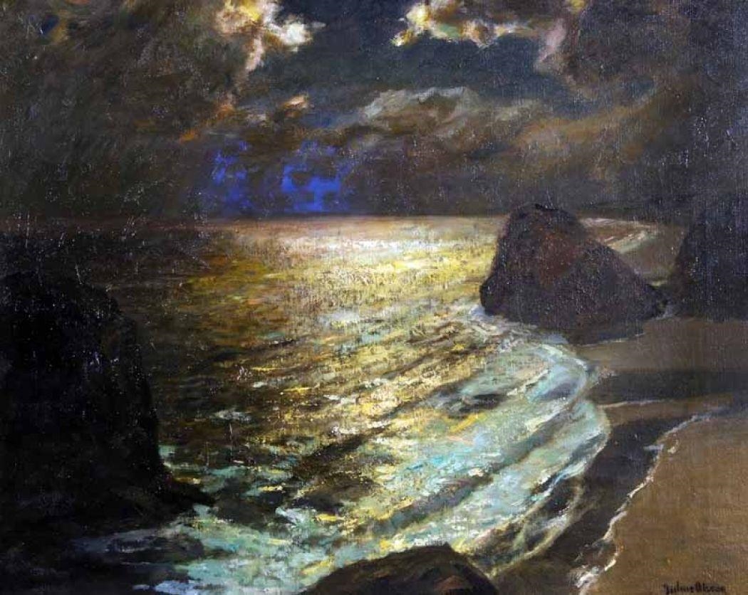 Julius Olsson | A Rocky Coastal View by Moonlight | MutualArt