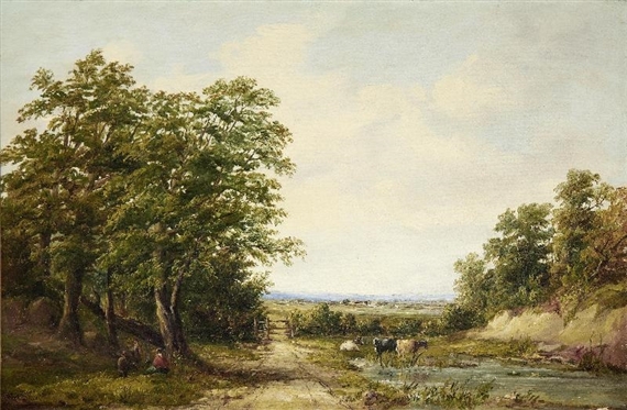Alfred Vickers | Landscape with cattle watering (1846) | MutualArt