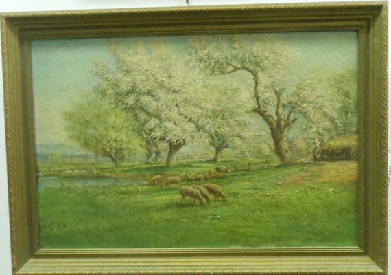 Verner Moore White | Sheep grazing in a spring landscape | MutualArt
