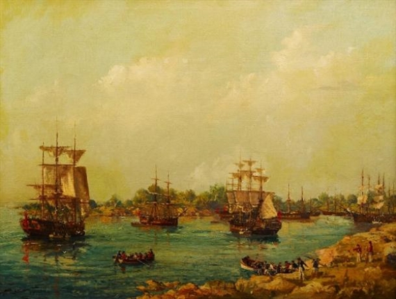 John Charles Allcot | The First Fleet in Sydney Cove Jan. 27th 1788 (1937) | MutualArt