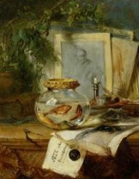 Maria Vos | Still life with a goldfish bowl and various papers on a ...