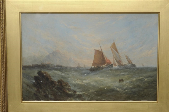 F. May | Fishing boats off a mountainous coastline | MutualArt