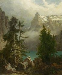 Arnold Albert Jenny | Fir trees with mountains and a mountain lake ...