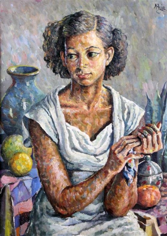 Albert Huie | Portrait of a young woman with fruit and pots | MutualArt