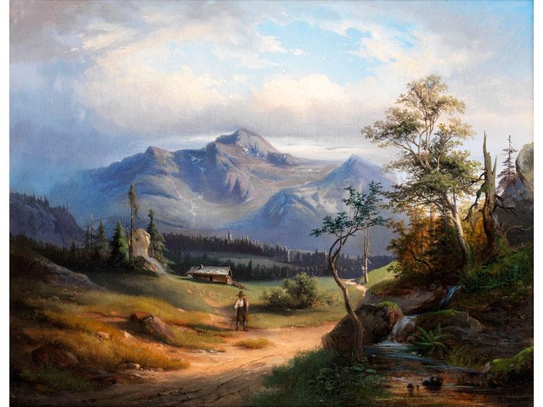 Alexandre Calame | ALPINE LANDSCAPE UNDER A TALL MOUNTAIN RANGE | MutualArt