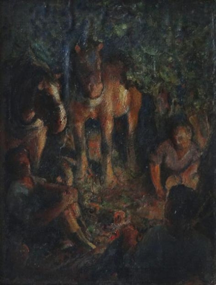 Tom Lindsay | Figures and animals around a night time campfire | MutualArt