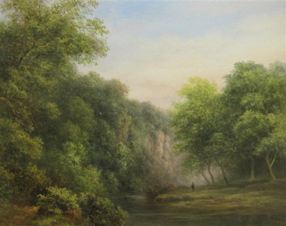 William Ward | A river Landscape with a figure walking under Trees ...