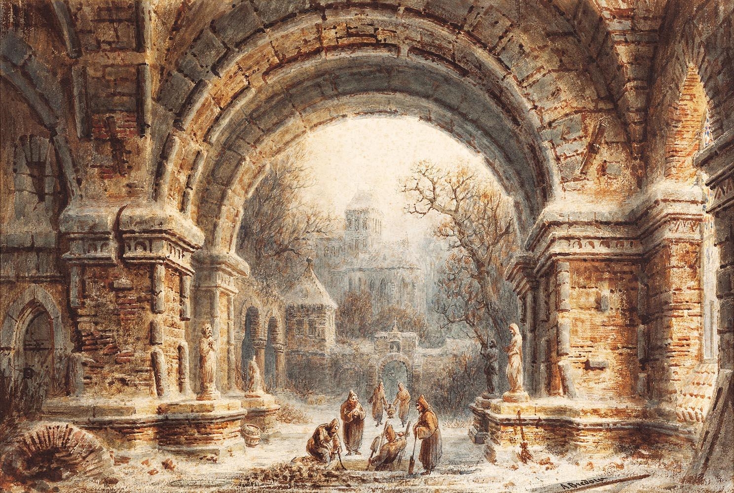 Albert Bredow | Monks in the Cloister in Winter (Circa 1885) | MutualArt