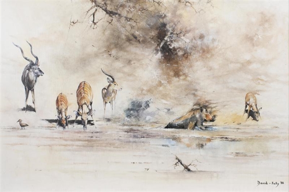 David Kelly | Nyala, warthog and kudu at the waterhole (1988) | MutualArt