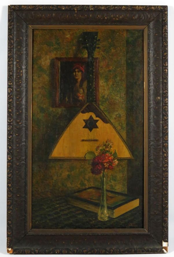 Vincent Nesbert | Still-life of balalaika, portrait, vase of flowers ...