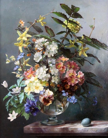 Barbara Shaw | Still life of flowers in a glass vase and a bird's egg ...
