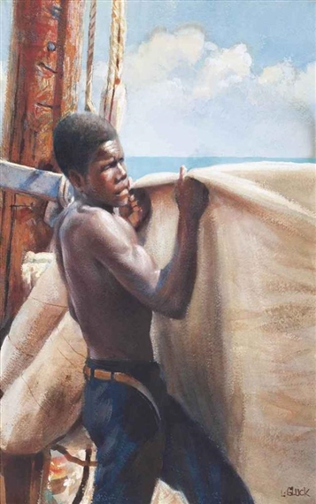 Larry Gluck | A deckhand flaking the mainsail | MutualArt