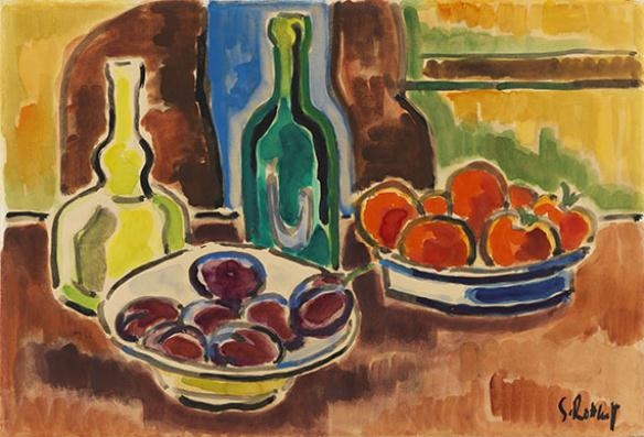 Karl Schmidt-Rottluff | Stillleben mit Obstschalen und Flaschen (1953 ...
