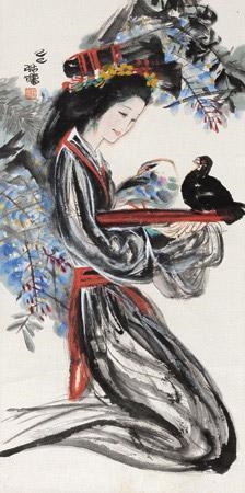 Lin Yong | Girl and pigeons (1989) | MutualArt
