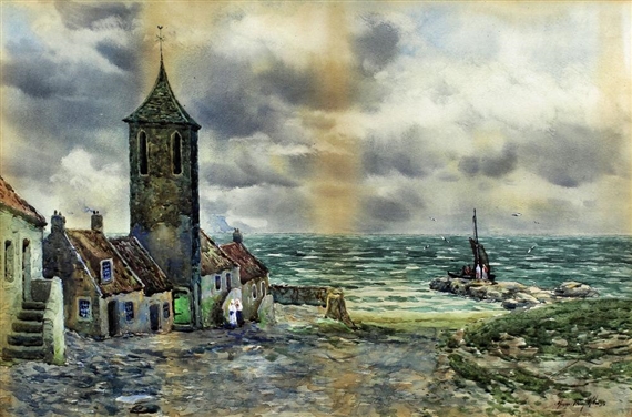 John Hamilton Glass | Village harbour scene with figures on pier by ...