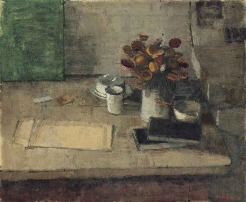 William Brooker | Still Life with flowers and books on a table (1958 ...