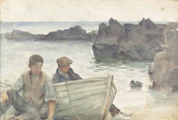 Henry Scott Tuke | Two boys resting by a boat on the shore | MutualArt