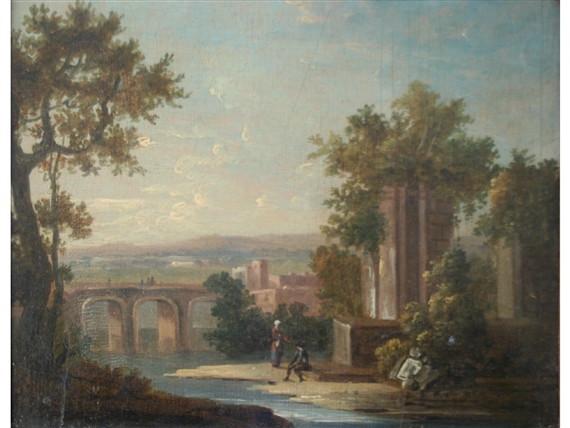 William Traies | FIGURES BY CLASSICAL RUINS IN AN ITALIANATE LANDSCAPE ...