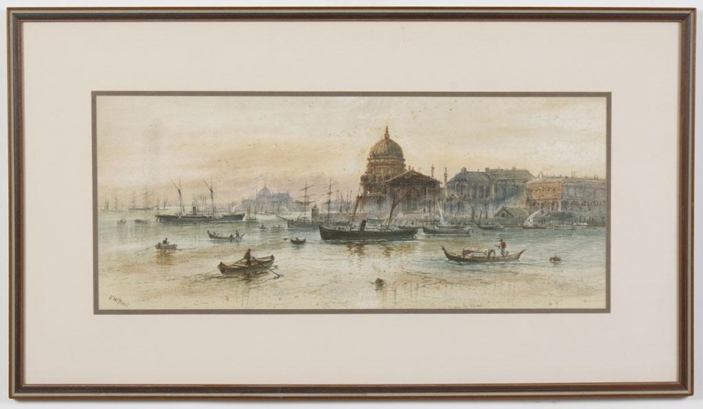 Edward Nevil | A european harbor scene with small boats, ships, and ...