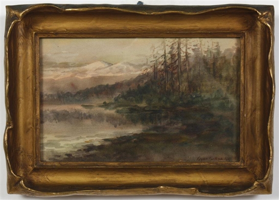 J. Edgar Forkner | Landscape painting showing river, trees, with ...