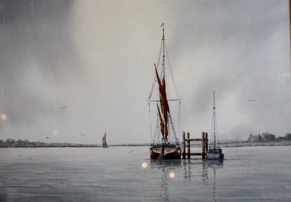 Alan Whitehead | Estuary with fishing boats at sunset | MutualArt