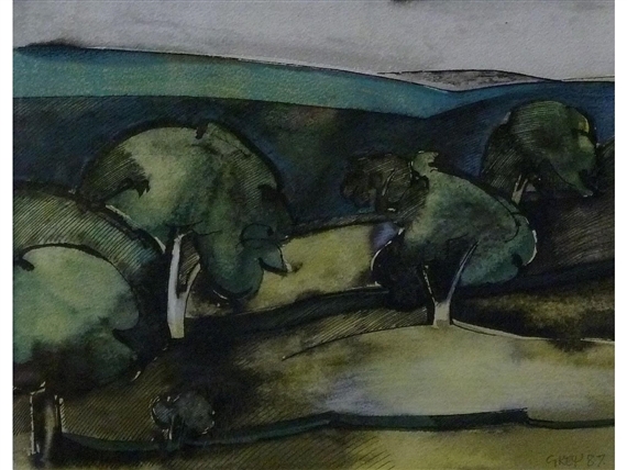 Geoffrey Key | Hilly landscape with trees (1987) | MutualArt