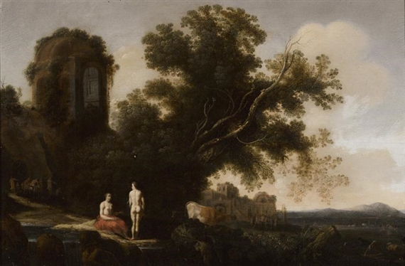 Moses van Uyttenbroeck | A landscape with two figures in the foreground ...