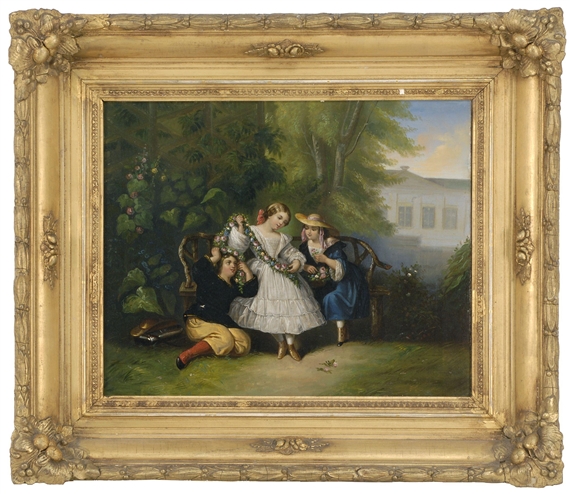 George G. Fish | Three young girls in a garden | MutualArt