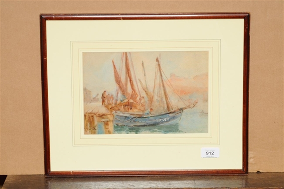 Frank Rousse | Whitby Harbour, with figures unloading fishing boats by ...