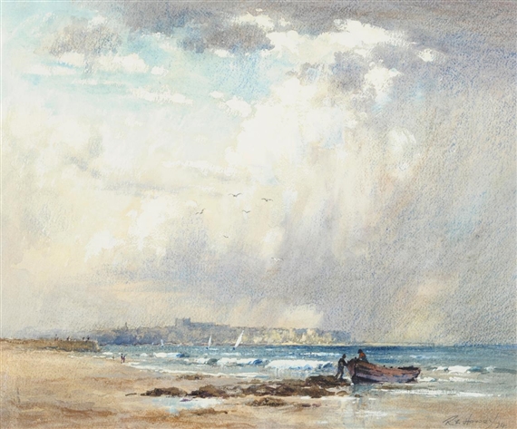 Robert Leslie Howey | A coastal scene with figures and fishing boats on ...