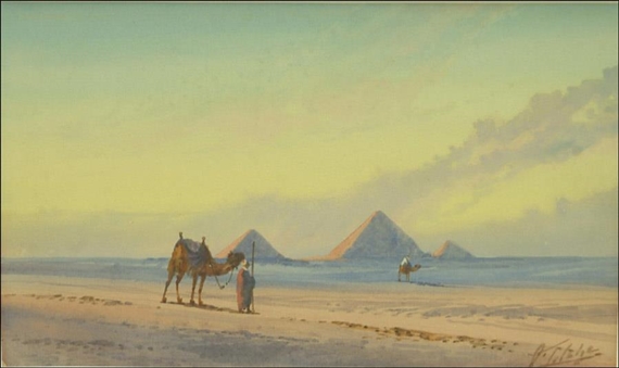 Otto Tilche | ARABS WITH CAMELS AT THE PYRAMIDS | MutualArt