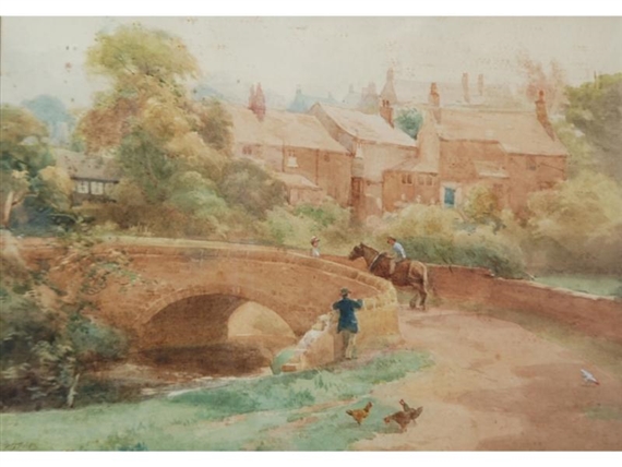 P. G. Riley | Village scene with figures on a bridge in the foreground ...