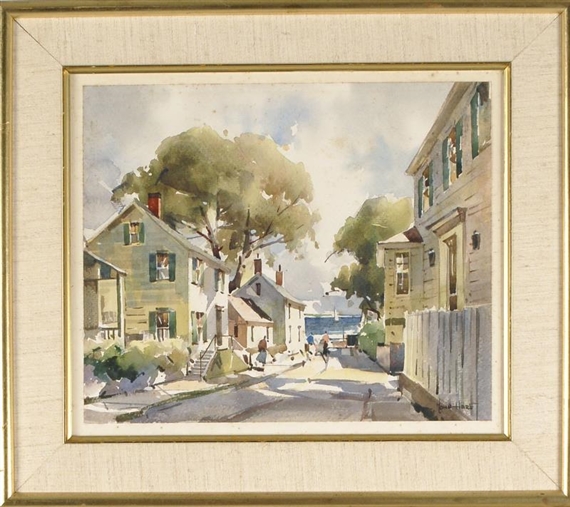 John Cuthbert Hare | Shoreside village street scene with distant ...