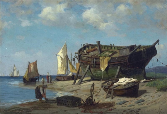 Harry Chase | Boats and figures on the shore (1875) | MutualArt