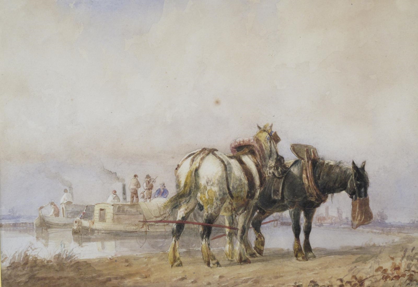 British School, 19th Century | Barges on a canal with horses on a tow ...