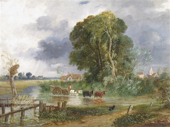 John Constable | A river landscape with a horse and cart crossing a ...