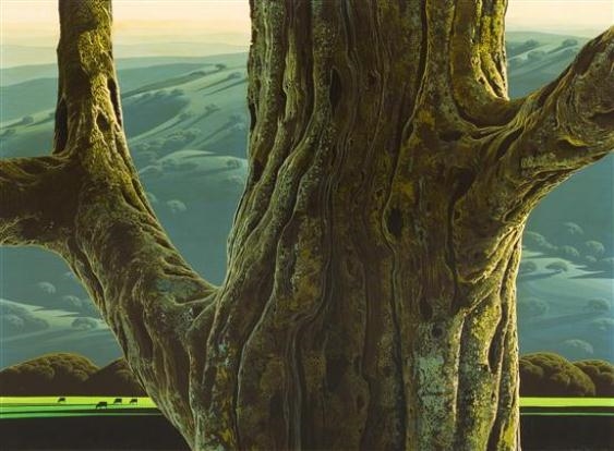 Eyvind Earle | Red Barns and Tall Trees Casting Shadows in a Snow ...