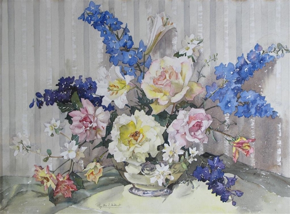Phyllis I. Hibbert | 2 works; Still life of roses and delphinium in a ...