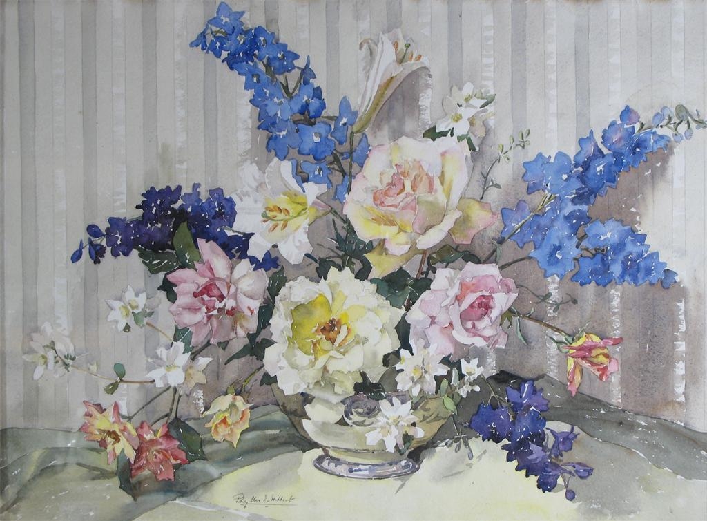 Phyllis I. Hibbert | 2 works; Still life of roses and delphinium in a ...