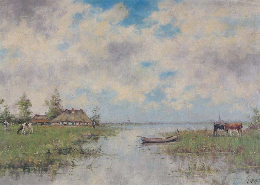 J. Kruit | Cattle grazing by a canal with cottages and a windmill ...
