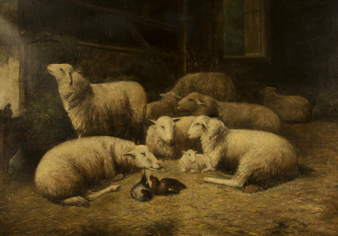 Eugène Rémy Maes | sheep in a barn | MutualArt