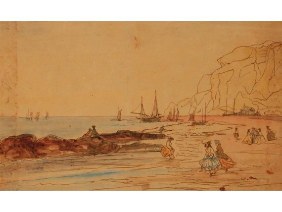 Edward Lear | A beach scene with figures and boats | MutualArt