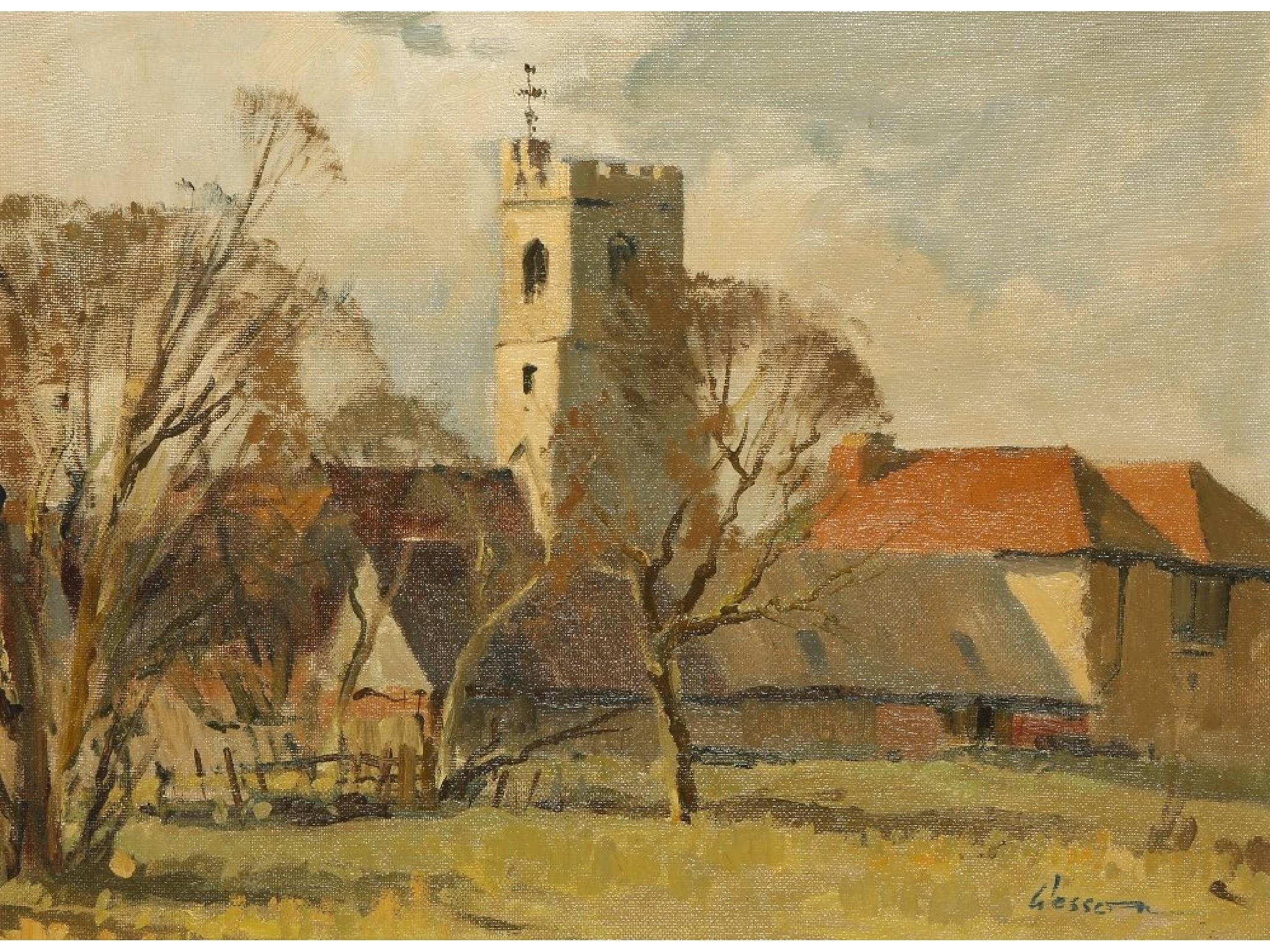 Edward Wesson | A village scene with a church and trees | MutualArt